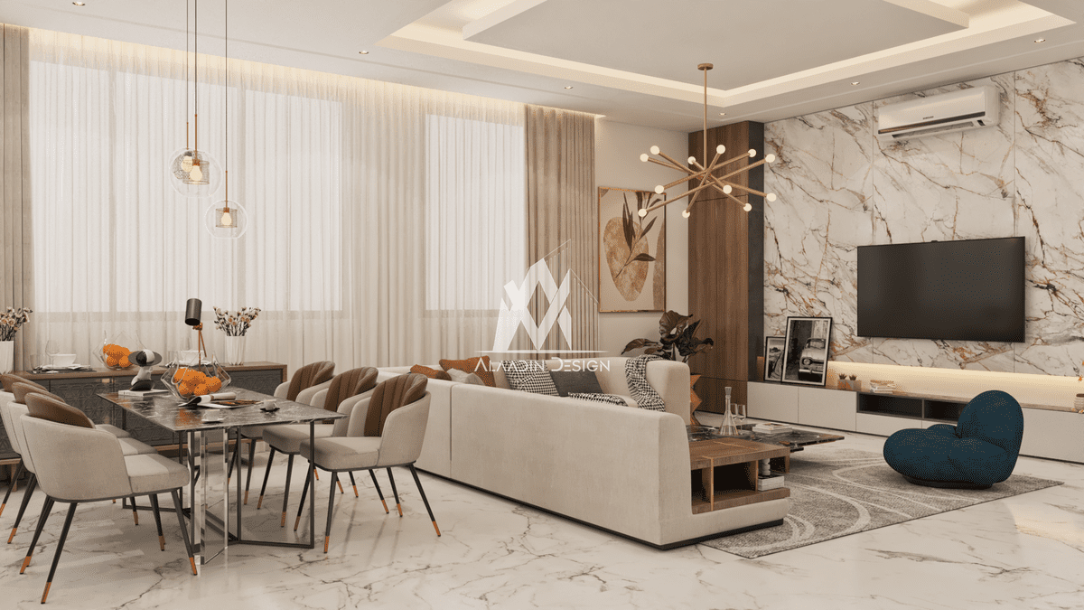 تصميم صاله معيشة ذات طابع مودرن مع درج مفتوح - صور